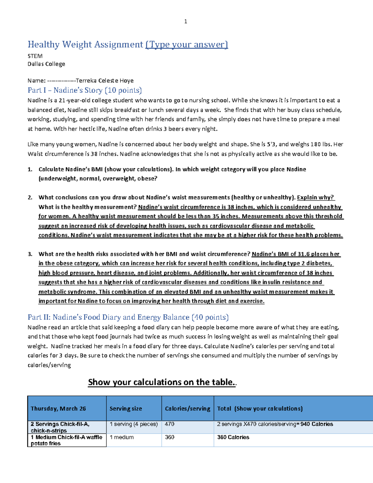 Healthy Diet Assignment-1 - Healthy Weight Assignment (Type your answer ...