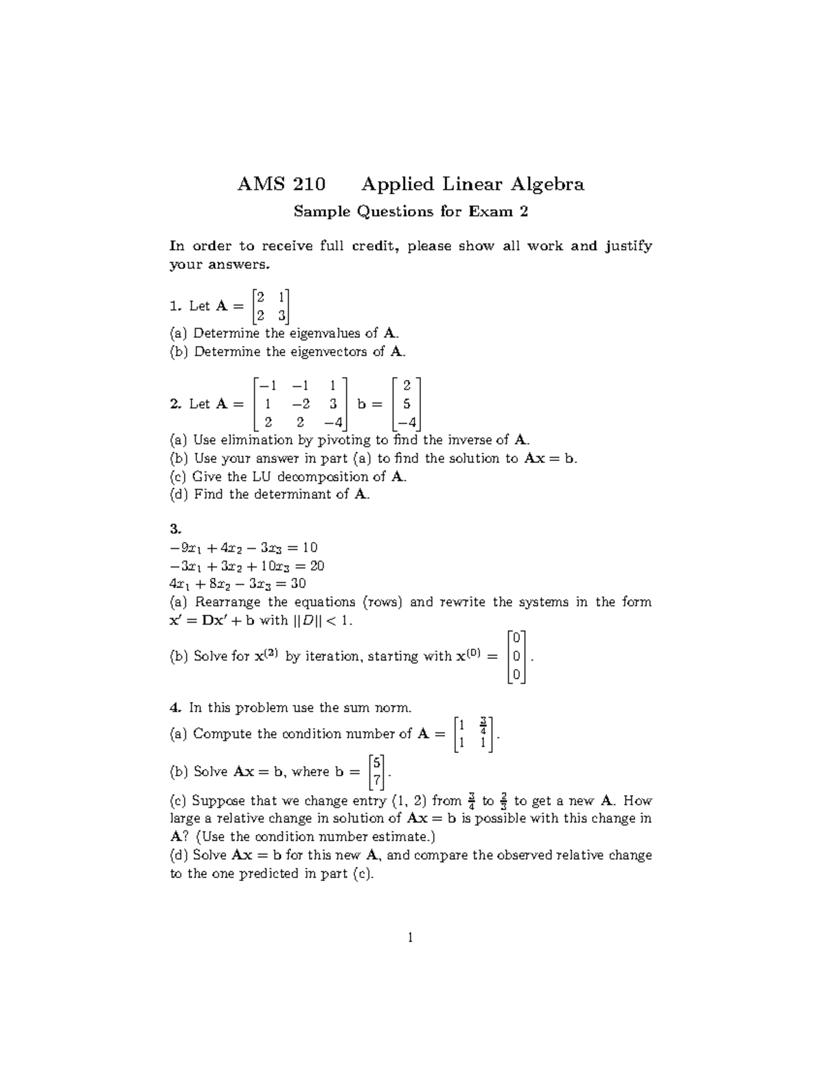 AMS210 sample exam2 - AMS 210 Applied Linear Algebra Sample Questions ...