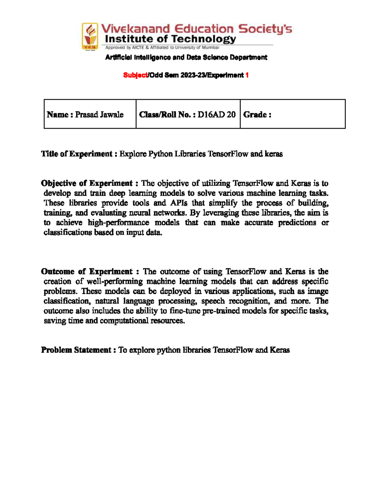Experiment 1A - Tensorflow and Keras - Machine Learning - Studocu