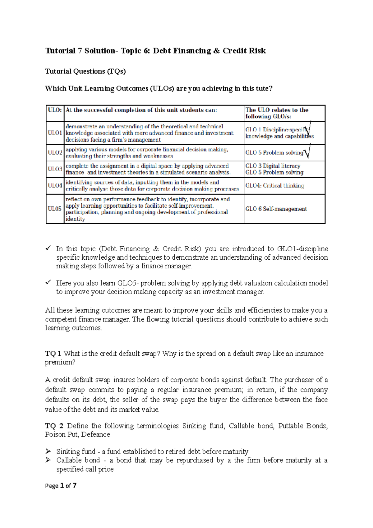 Tutorial 7 Solution MAF302 - Tutorial 7 Solution- Topic 6: Debt ...