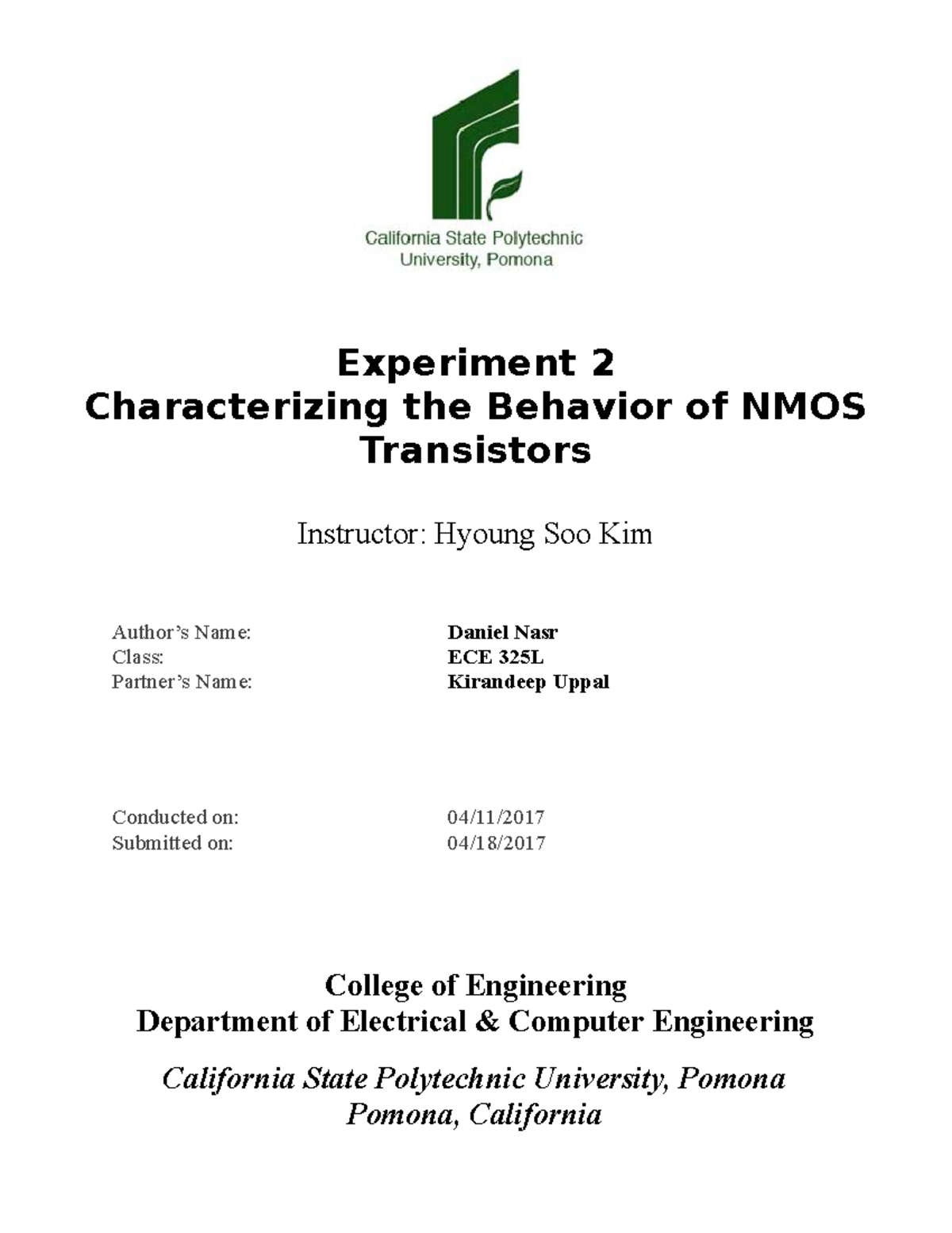 Lab 2 Report - Experiment 2 Characterizing the Behavior of NMOS ...