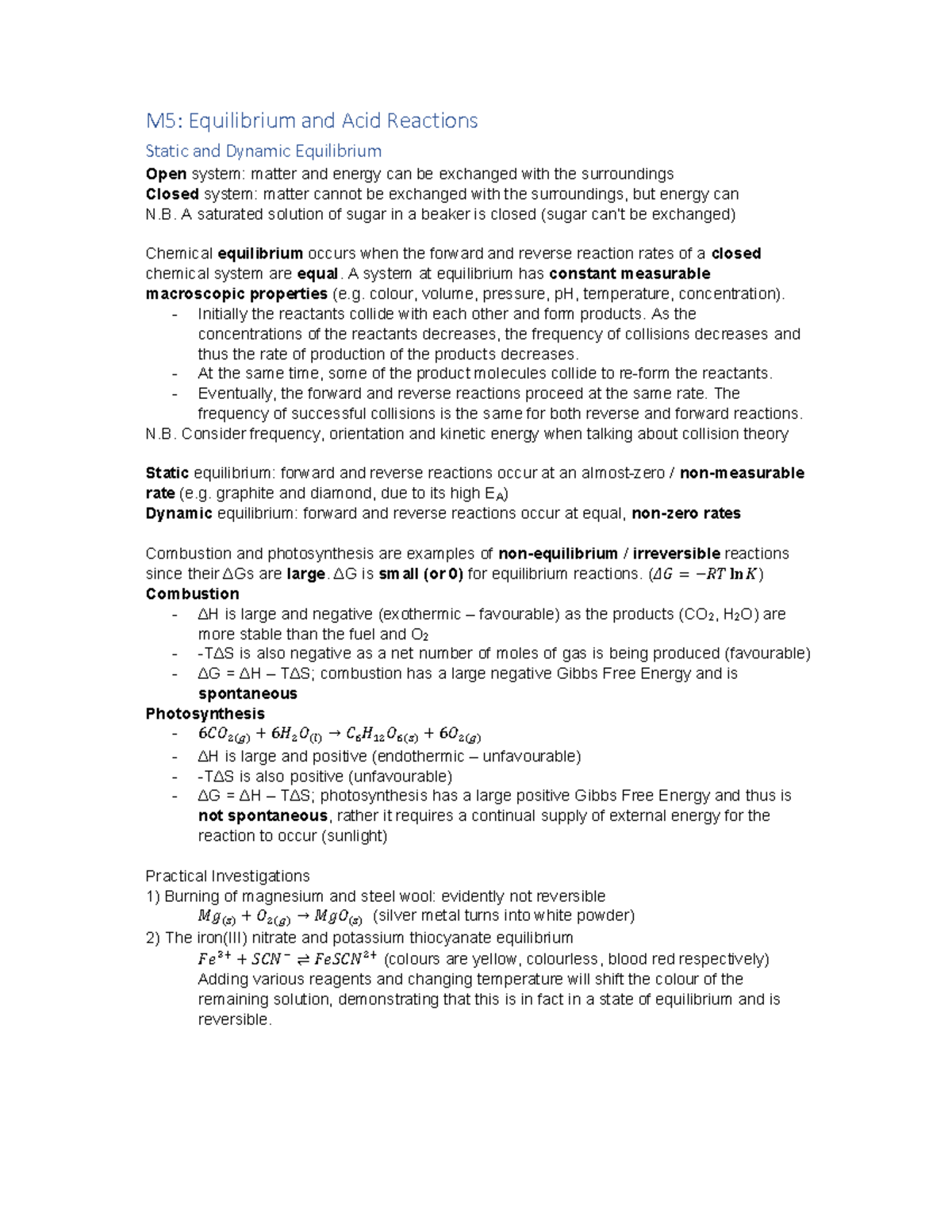 Chemistry Notes Modules 5-8 - M5: Equilibrium and Acid Reactions Static ...