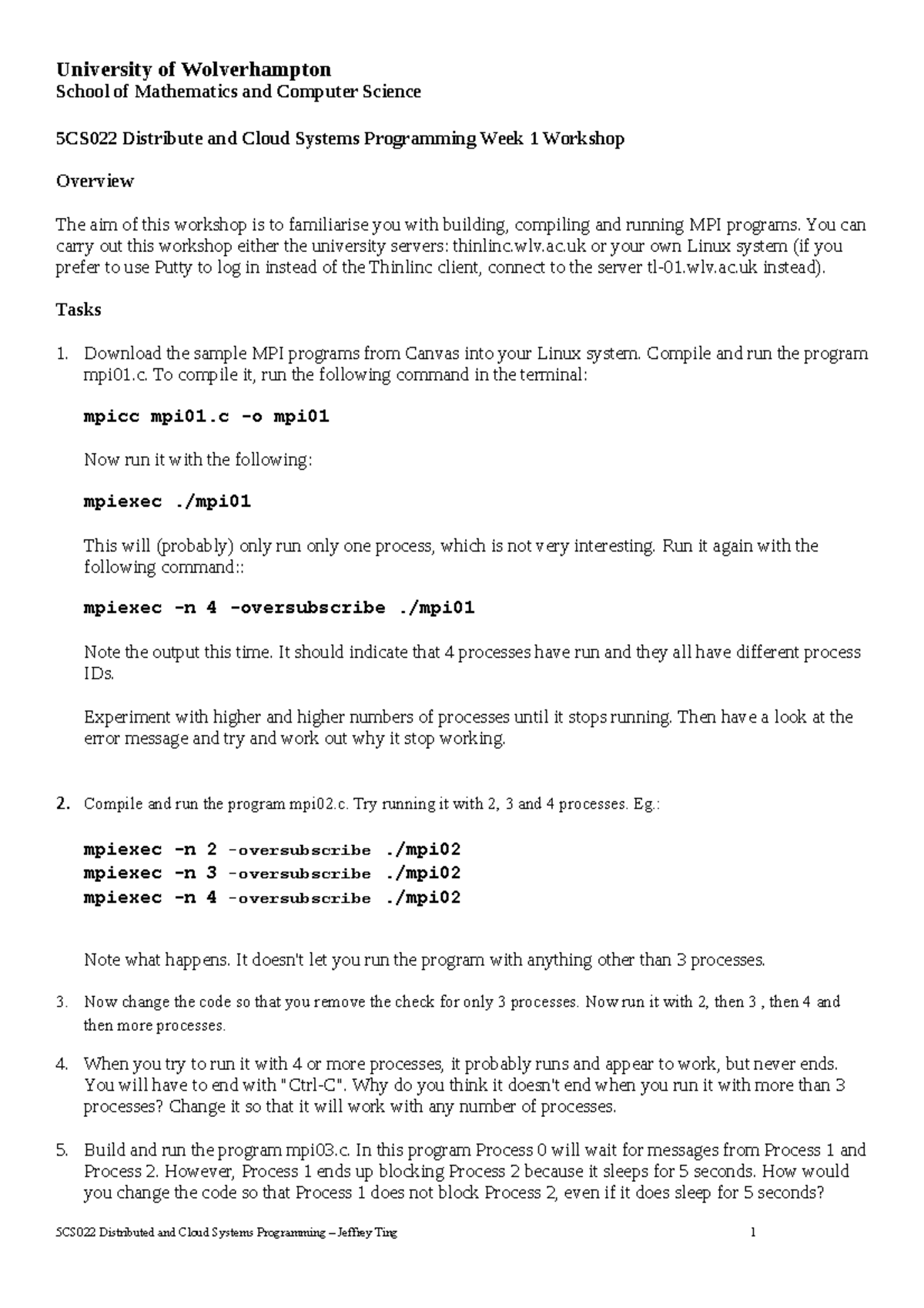 5CS022 Week 1 MPI Workshop - University of Wolverhampton School of Mathematics and Computer ...