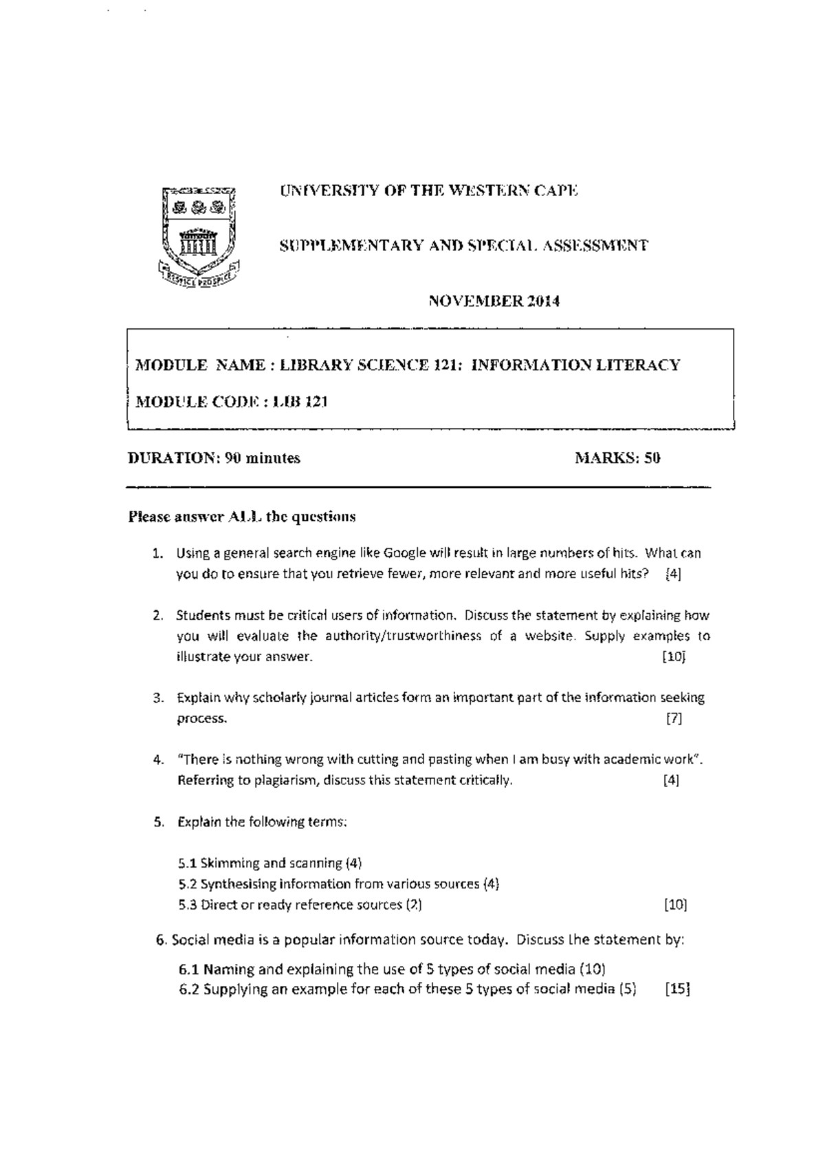 Lib121 nov 2014 sp - Test - UNIVERSITY OF THE WESTERN CAPE ...