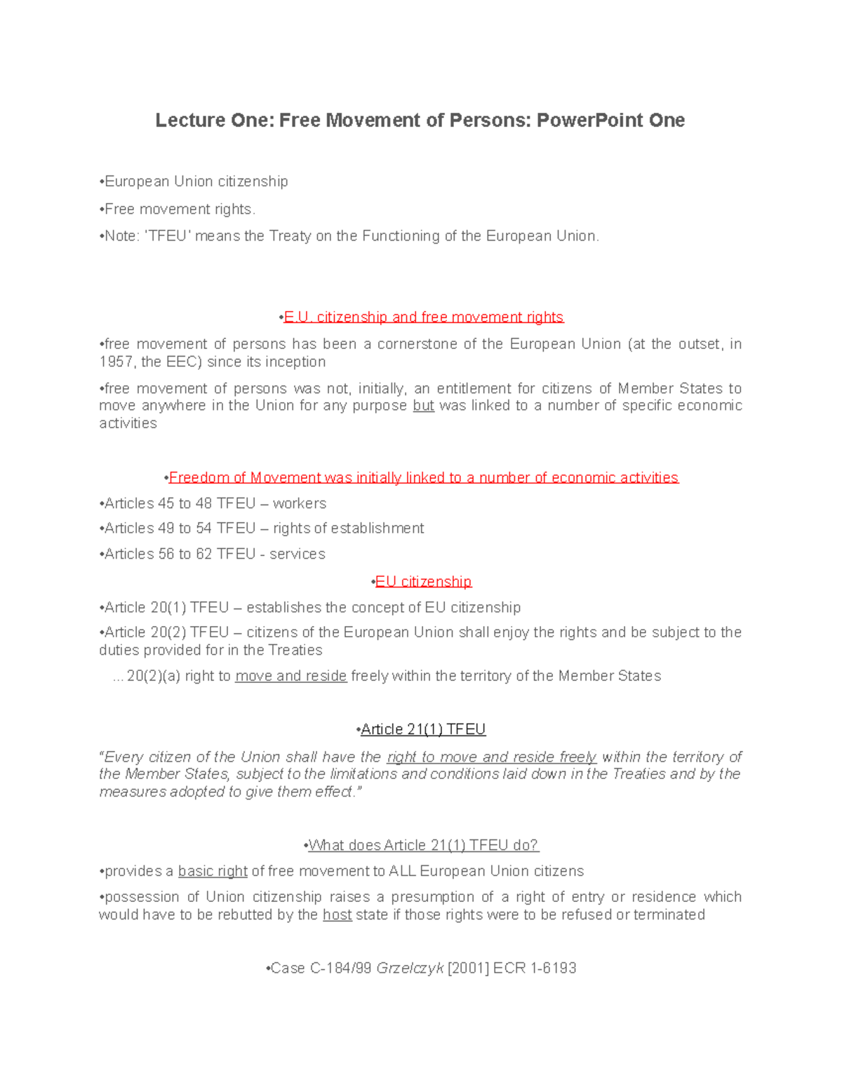 Lecture One Free Movement of Persons Power Point One - Lecture One ...