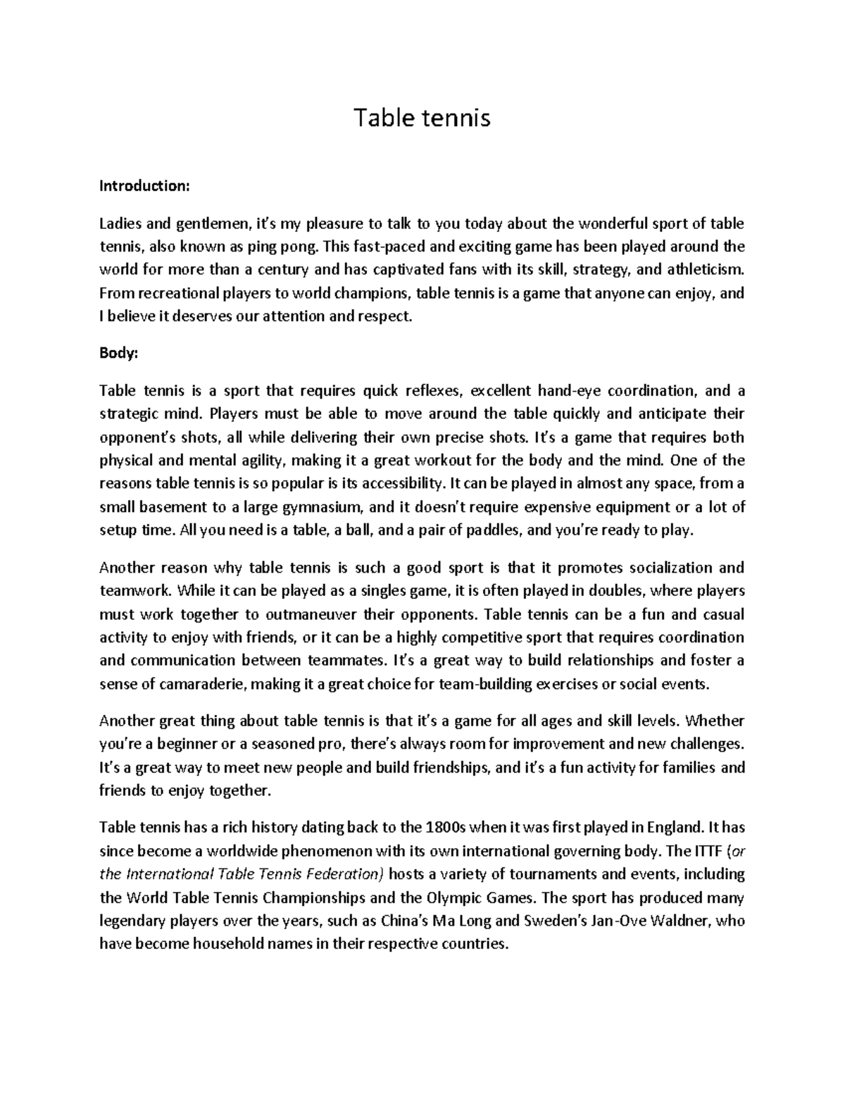 Sports (Table Tennis) - Script - Table tennis Introduction: Ladies and ...