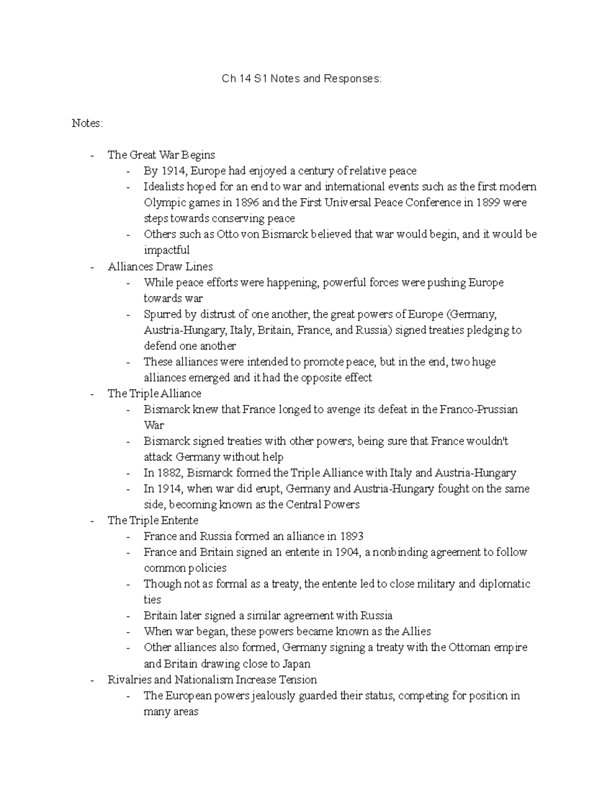 Ch.14, s1 'The Great War Begins - Ch 14 S1 Notes and Responses: Notes ...