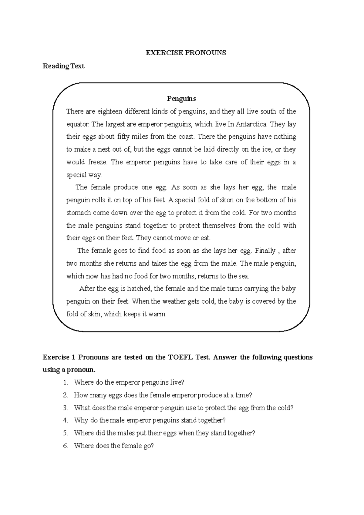 2. Exercise Pronouns - EXERCISE PRONOUNS Reading Text Penguins There ...