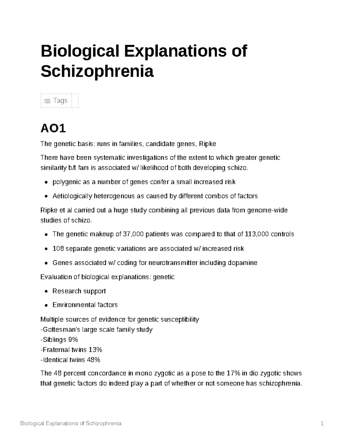 Biological Explanations of Schizophrenia - Biological Explanations of ...