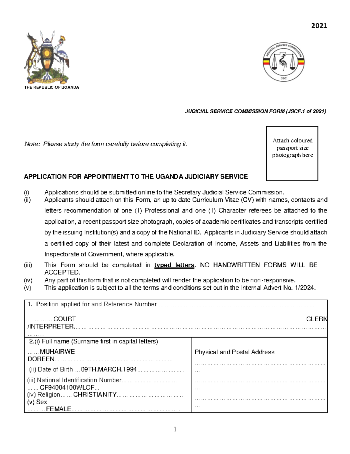 JSC Application FORM No 1 of 2021 April 2024 - THE REPUBLIC OF UGANDA JUDICIAL SERVICE ...