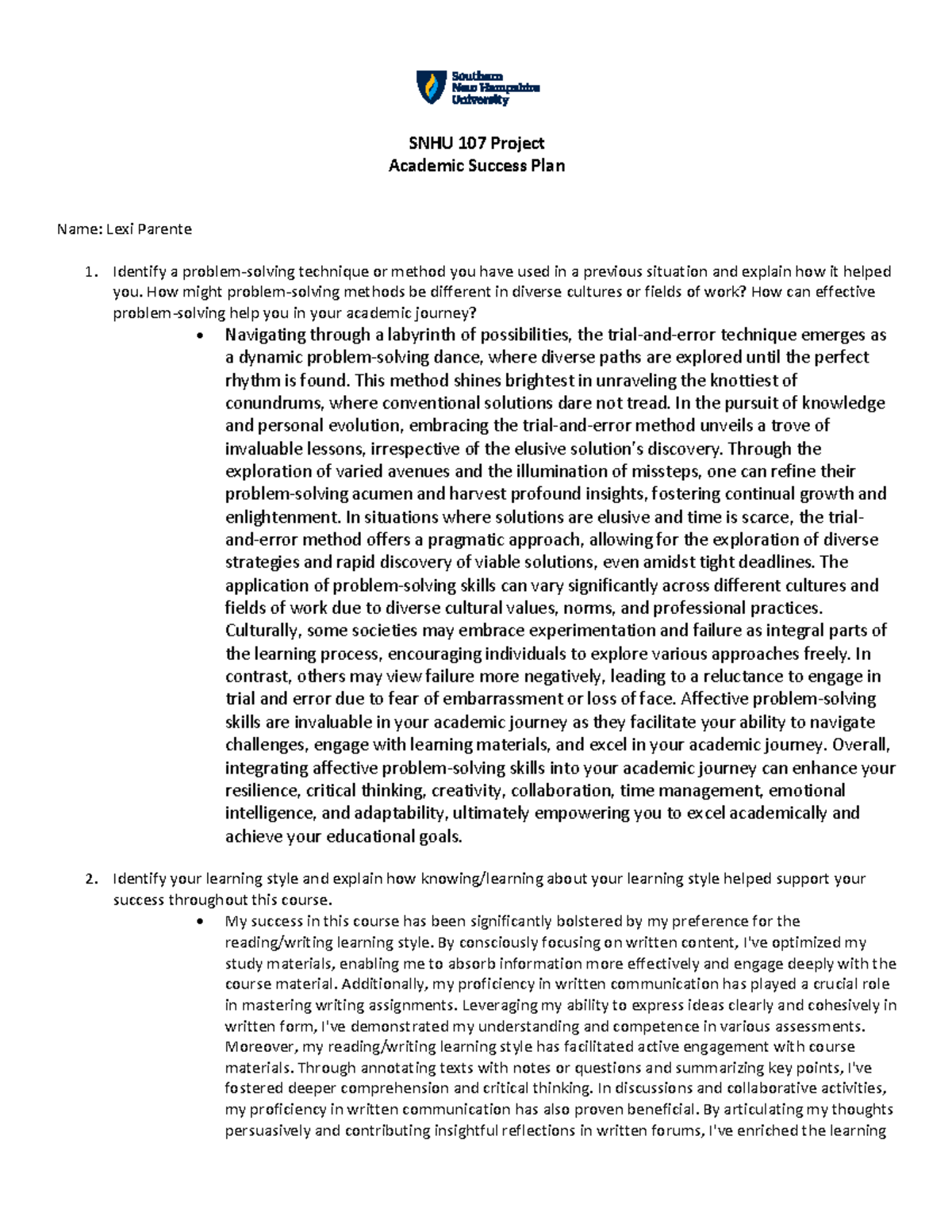 SNHU 107 Project - SNHU 107 Project Academic Success Plan Name: Lexi ...