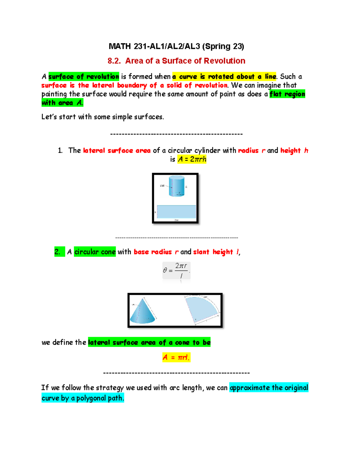 Lecture Note Chap8 (8 - MATH 231-AL1/AL2/AL3 (Spring 23) 8. Area of a ...