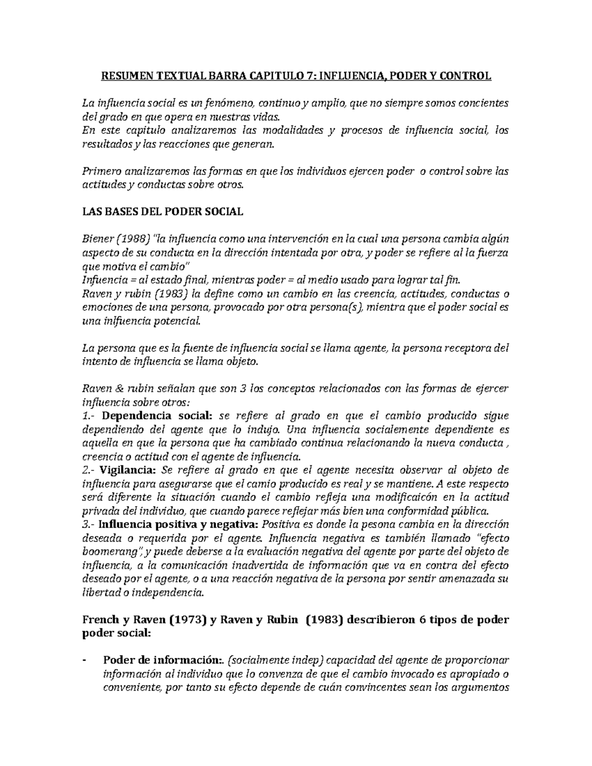 Resumen Influencia, poder y control. Barra Capitulo 7 - RESUMEN TEXTUAL ...