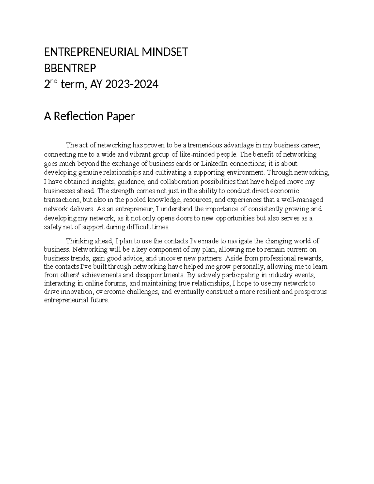 Reflection paper Entrepreneurial Mindset - ENTREPRENEURIAL MINDSET ...