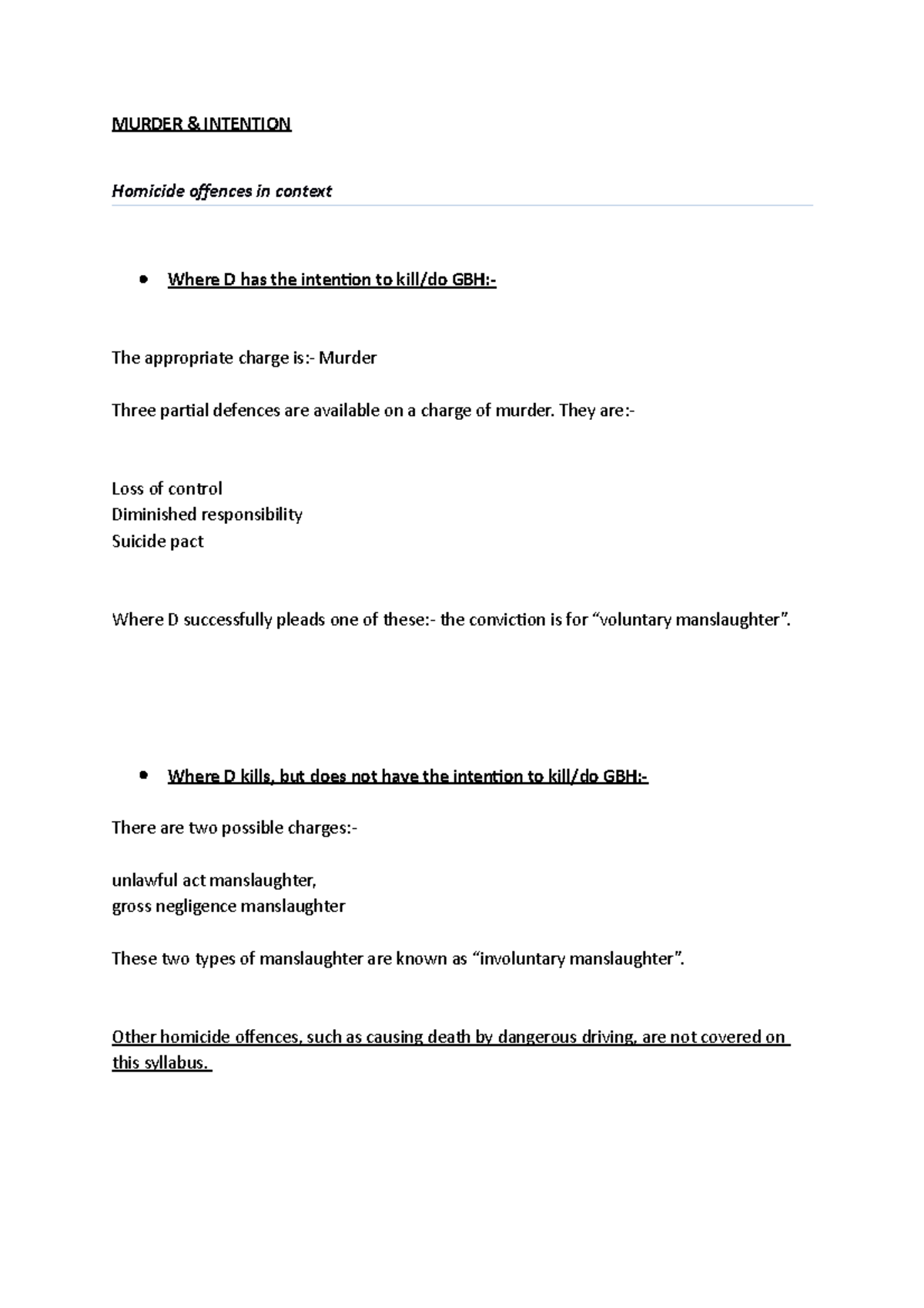 Murder lecture notes - MURDER & INTENTION Homicide offences in context ...