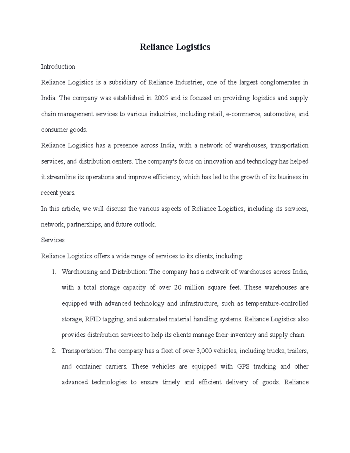 Reliance industries and associates 14 - Reliance Logistics Introduction ...
