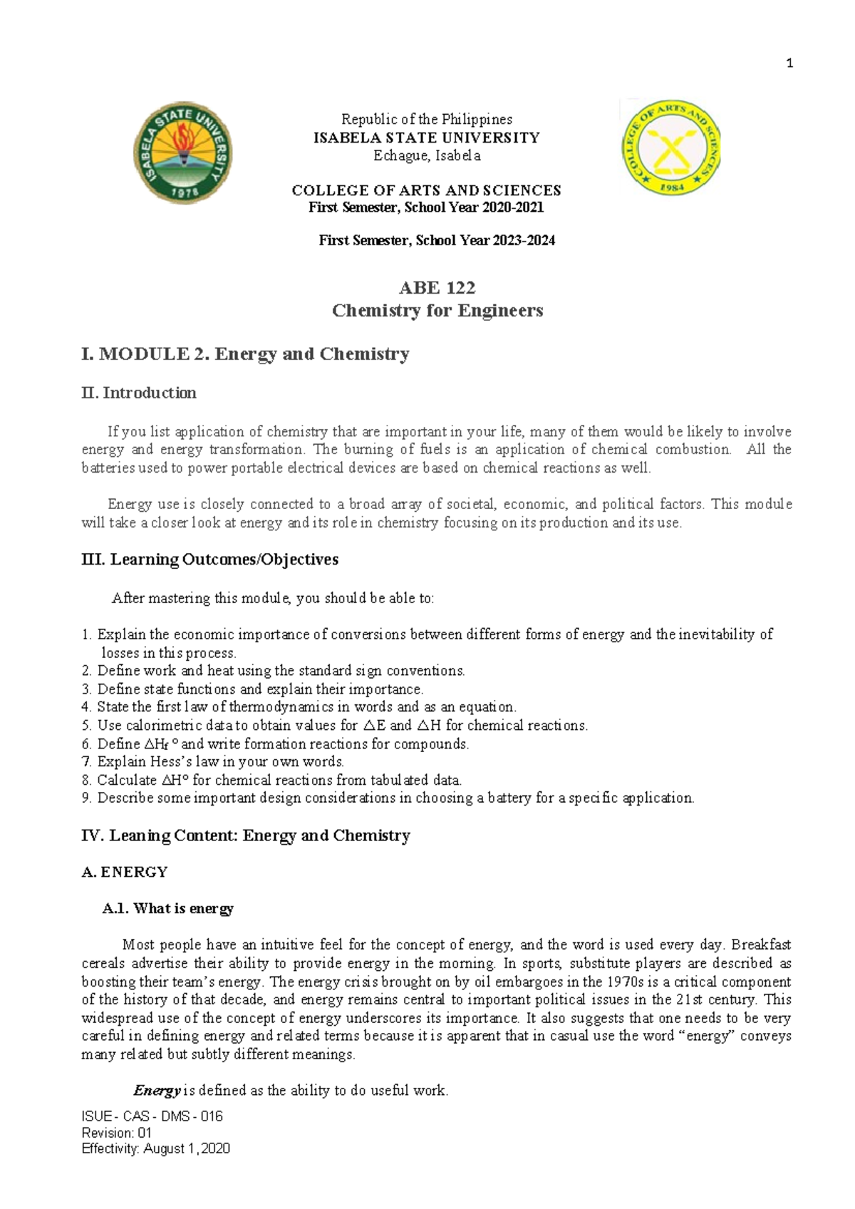 Bsabe-122- Module-2 Energy-AND- Chemistry - Republic of the Philippines ISABELA STATE UNIVERSITY ...