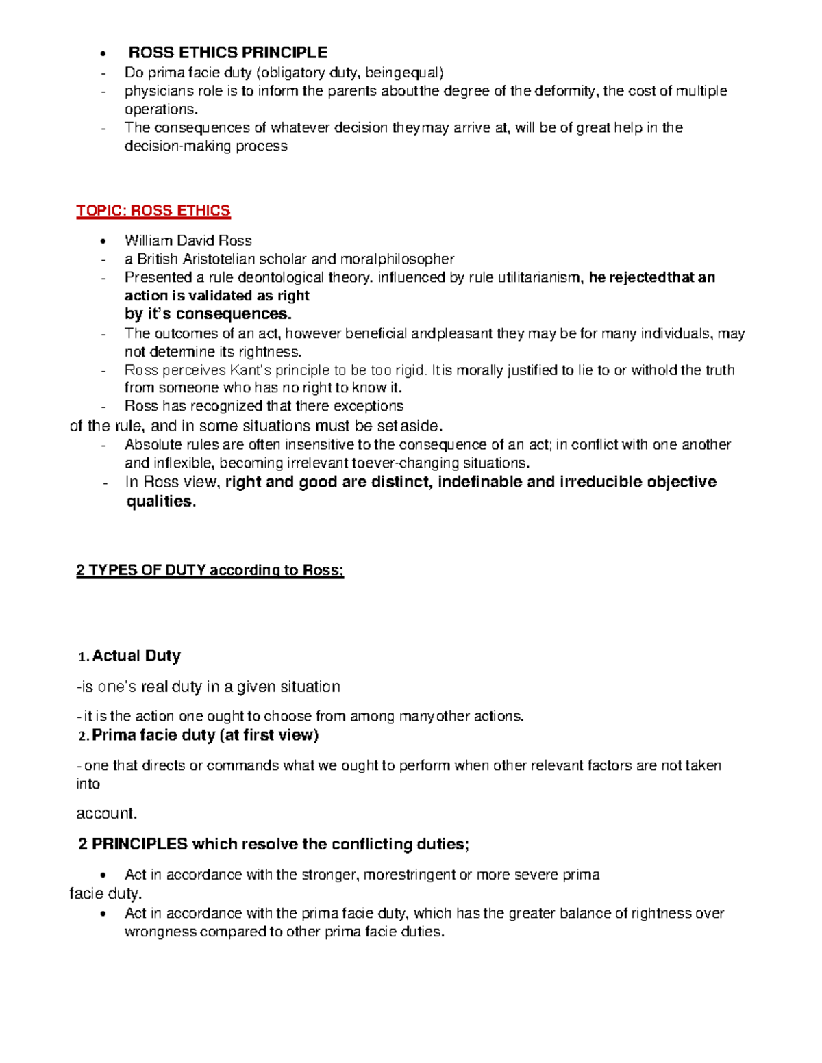 Nursing Notes 18 - • ROSS ETHICS PRINCIPLE - Do prima facie duty ...