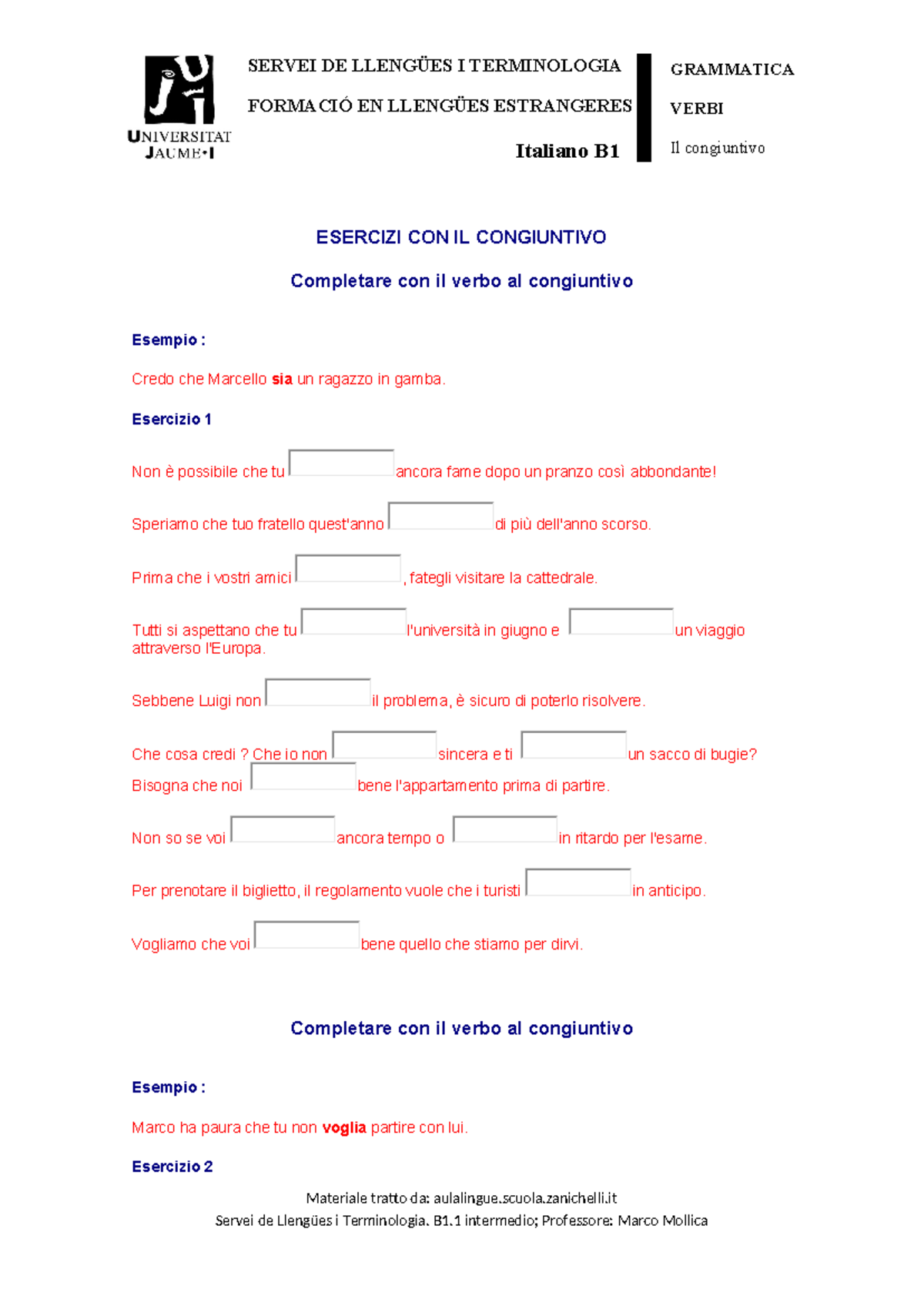 1.1. Grammatica Verbi Il congiuntivo esercizi presente e passato ...
