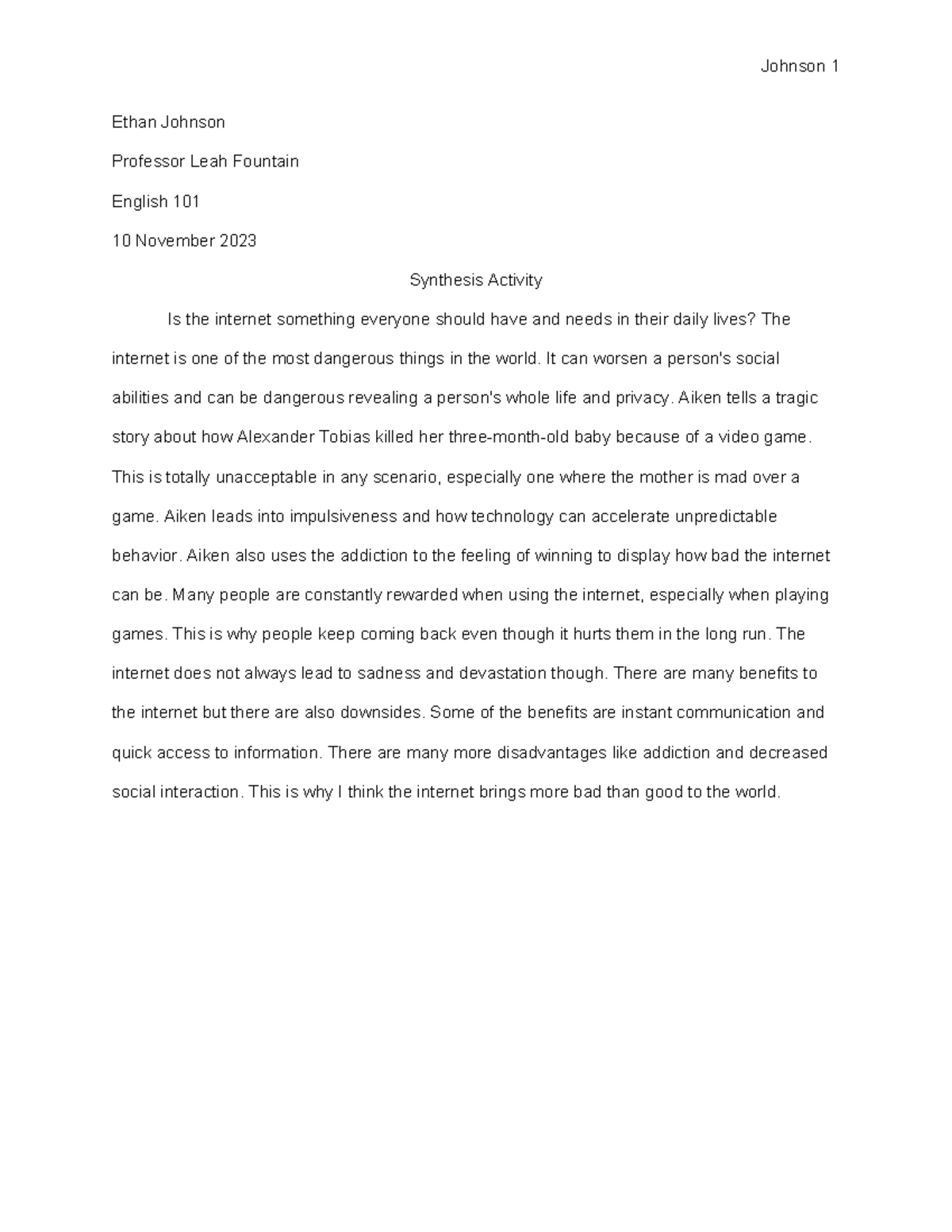 Synthesis Activity - hjhhjk - Johnson 1 Ethan Johnson Professor Leah ...