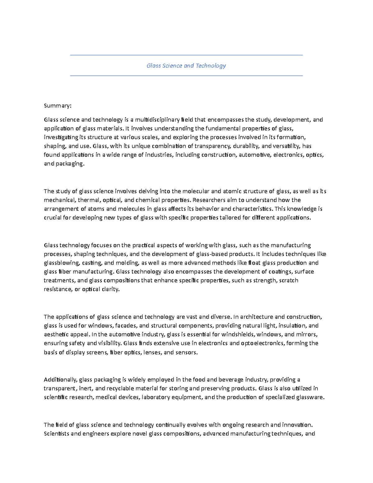 Glass Science and Technology (Summary) - Glass Science and Technology ...