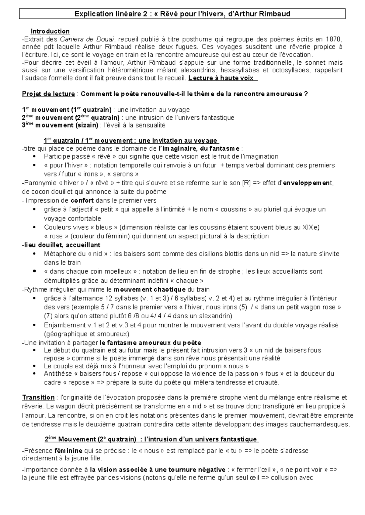 Rêvé hiver explication - Explication linéaire 2 : « Rêvé pour l’hiver», d’Arthur Rimbaud - Studocu