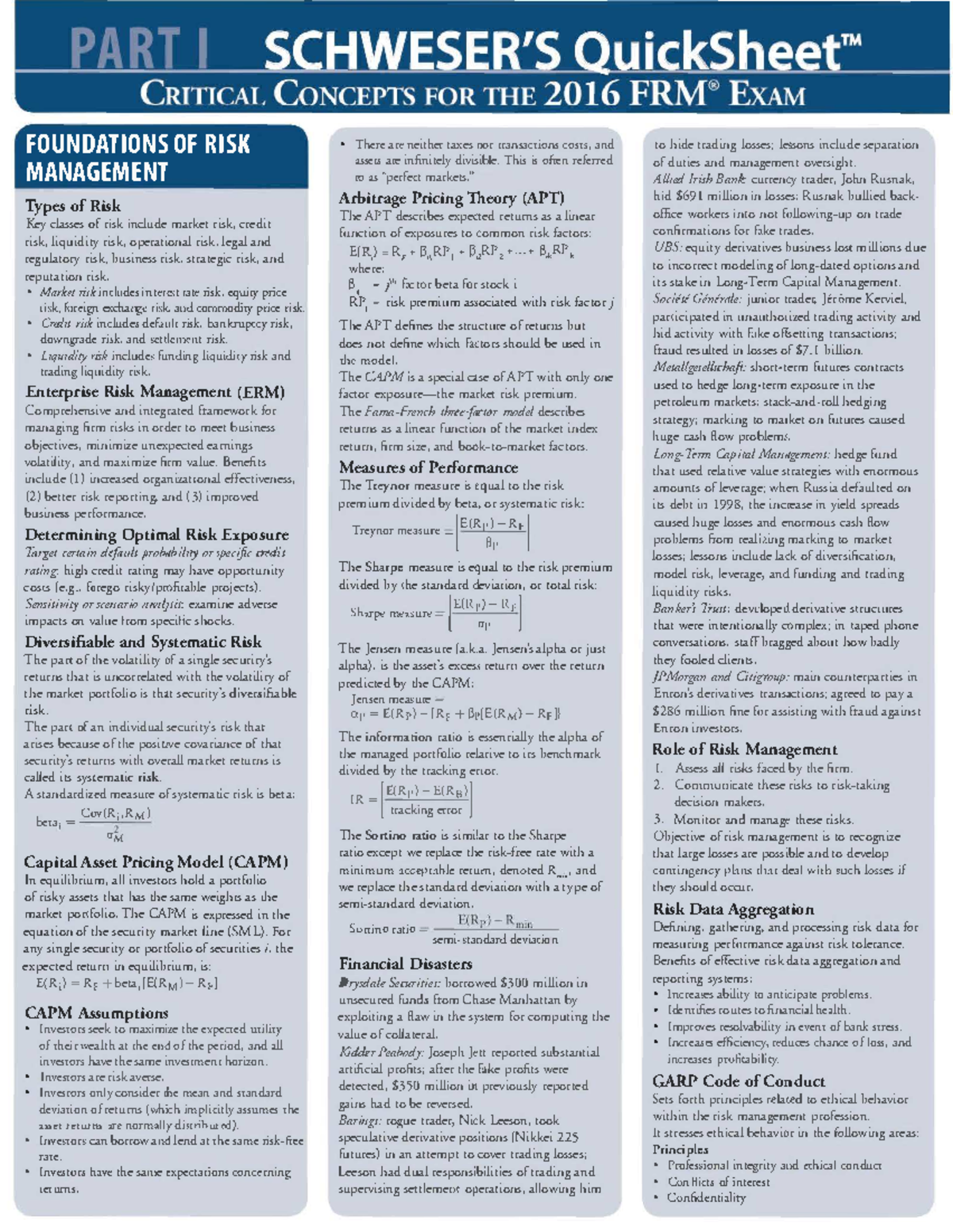 FRM Part 1 Quicksheet - FOUNDATIONS OF RISK MANAGEMENT Types of Risk ...