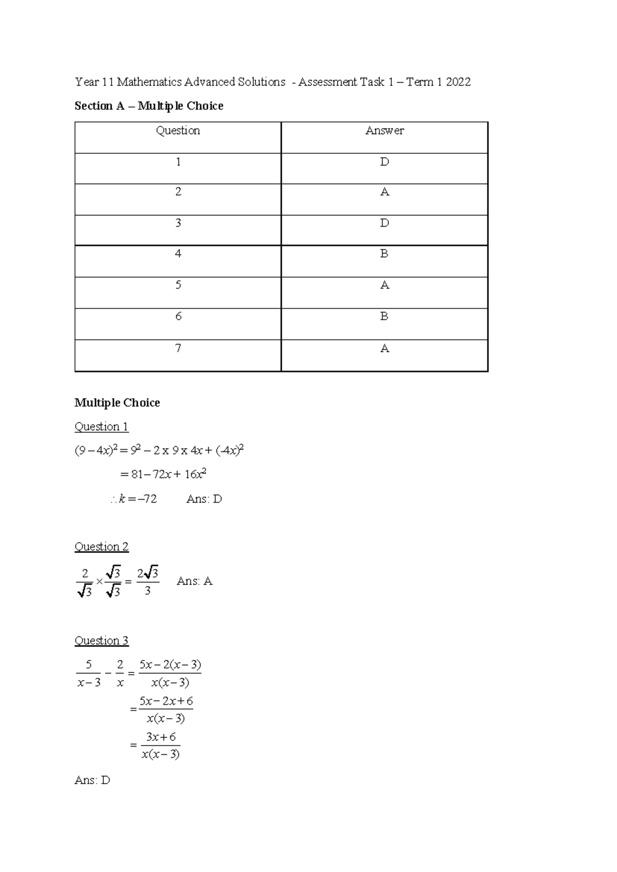Year 11 ADV Task 1 2022 Solutions - Year 11 Mathematics Advanced ...