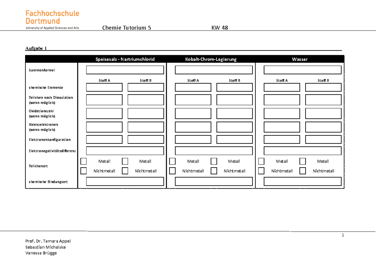 Chemie Tutorium Uebung 5 - Chemie Tutorium 5 KW 48 Aufgabe 1 Speisesalz - Nartriumchlorid Wasser ...