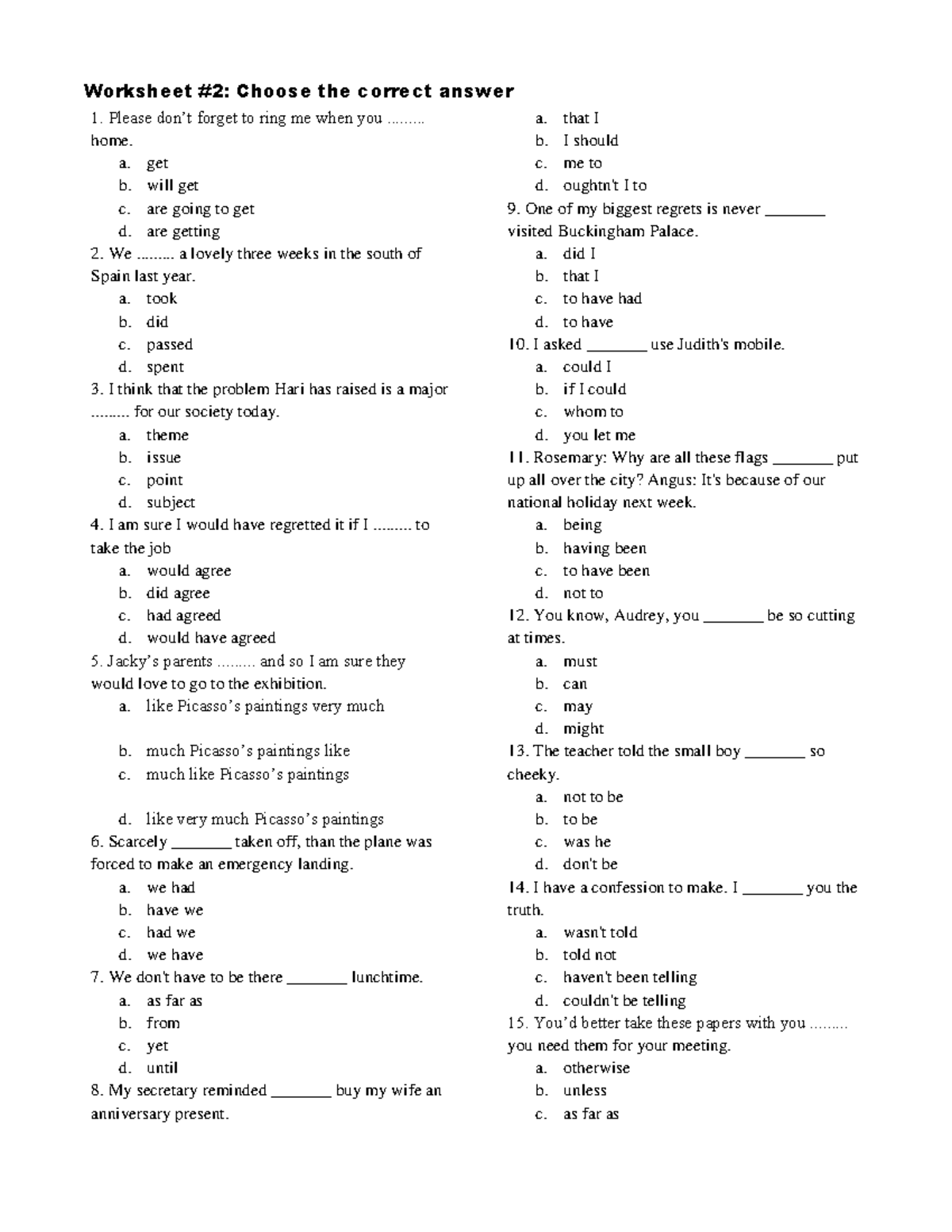 Gra worksheet 2 - Apuntes 1-2 - Worksheet #2: Choose the correct answer ...