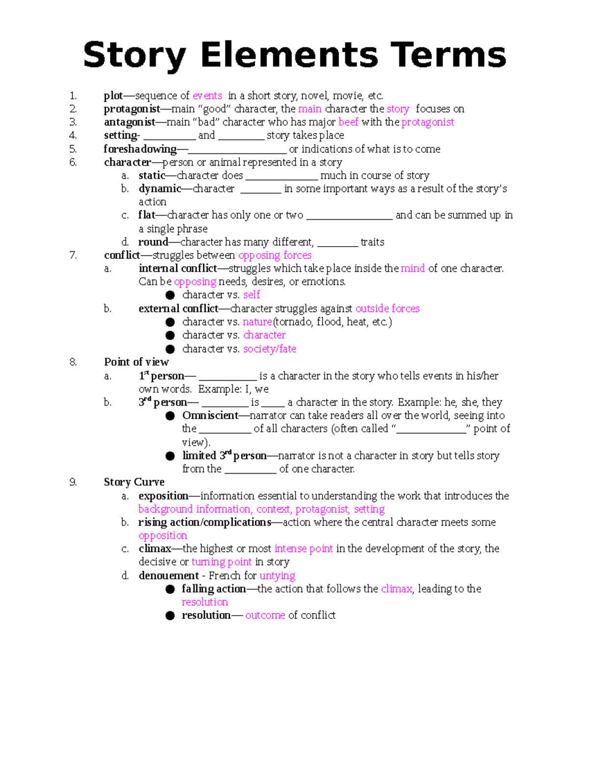 Cloze Notes - Story Elements Notes (FILLED OUT) - Story Elements Terms ...
