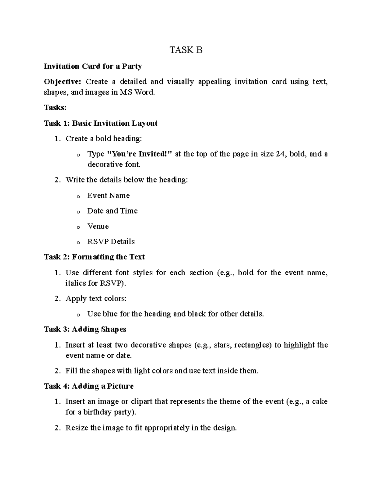 TASK B - lab - TASK B Invitation Card for a Party Objective: Create a ...