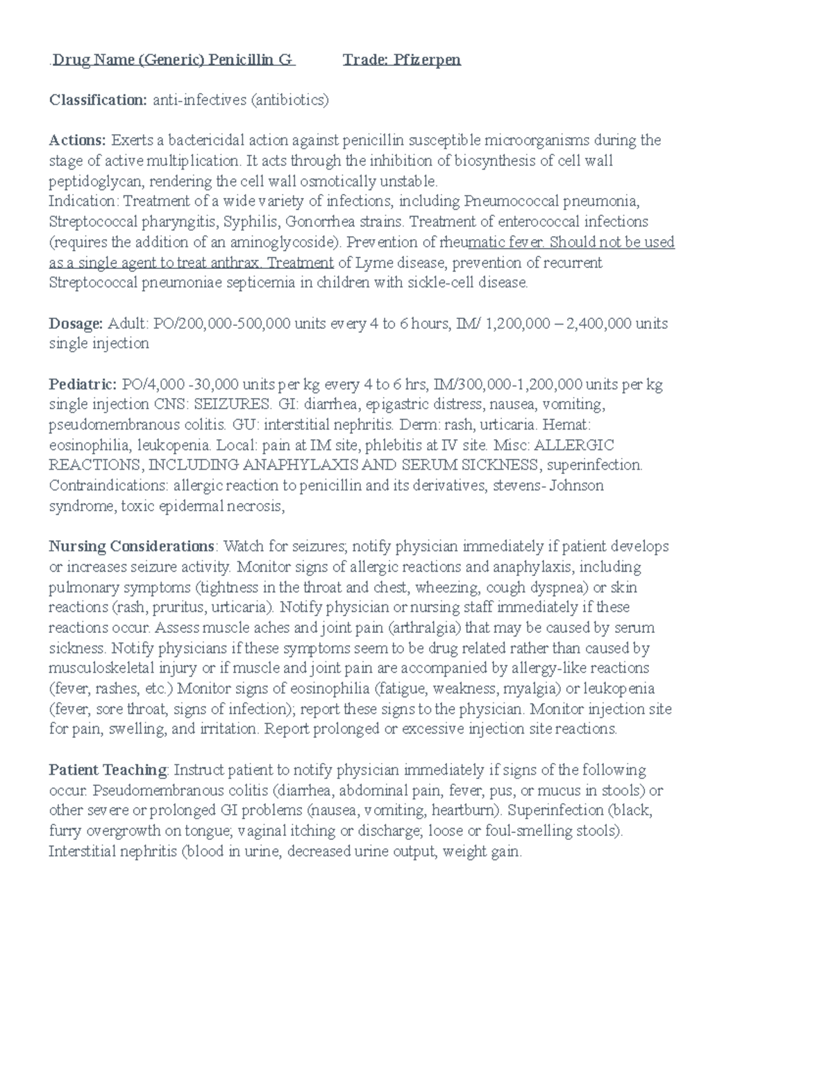 Penicillin G Drug Card - DRUG CARD - .Drug Name (Generic) Penicillin G ...