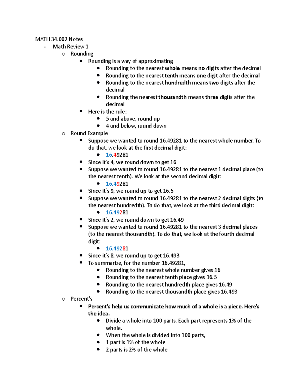 MATH 34.002 Notes - MATH 34 Notes - Math Review 1 o Rounding Rounding ...