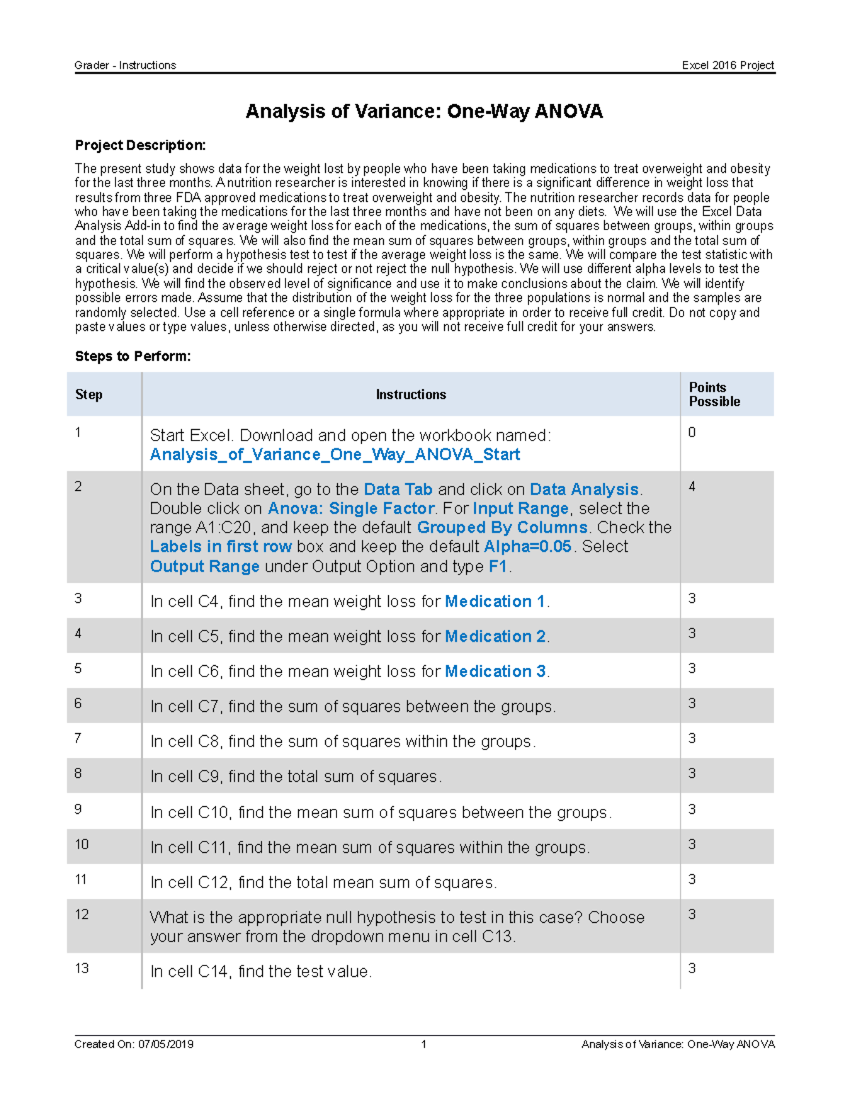 Analysis of Variance One-Way Anova Instructions - Grader - Instructions ...