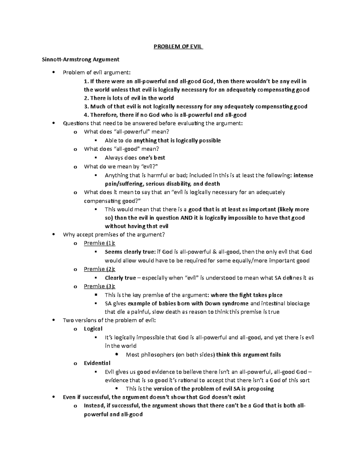 Problem OF EVIL - PROBLEM OF EVIL Sinnott-Armstrong Argument Problem of ...