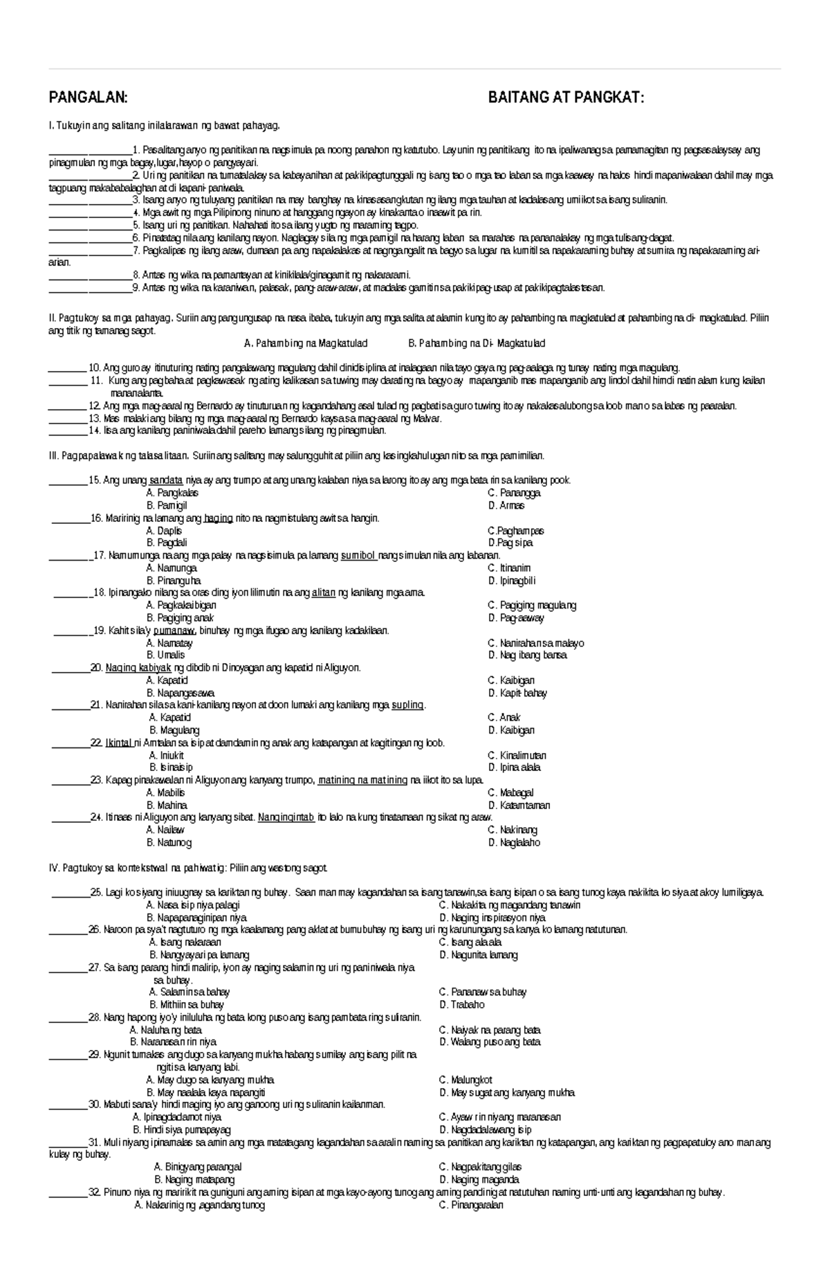 Intervention Fil7-2nd-2023-24 - PANGALAN: BAITANG AT PANGKAT: I. Tukuyin ang salitang ...