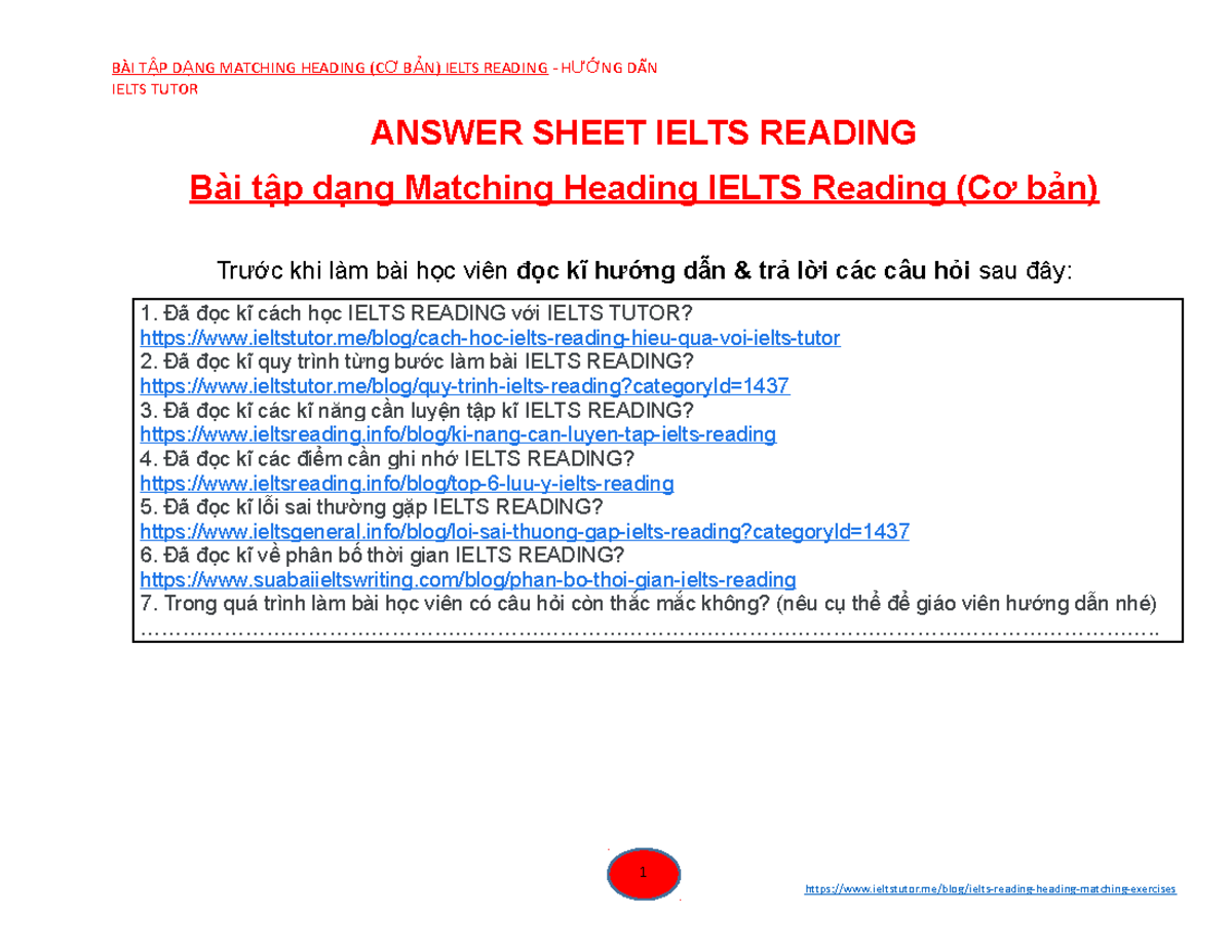 Answer Sheet Ielts Reading - BÀI TẬP DẠNG Matching Heading Ielts ...