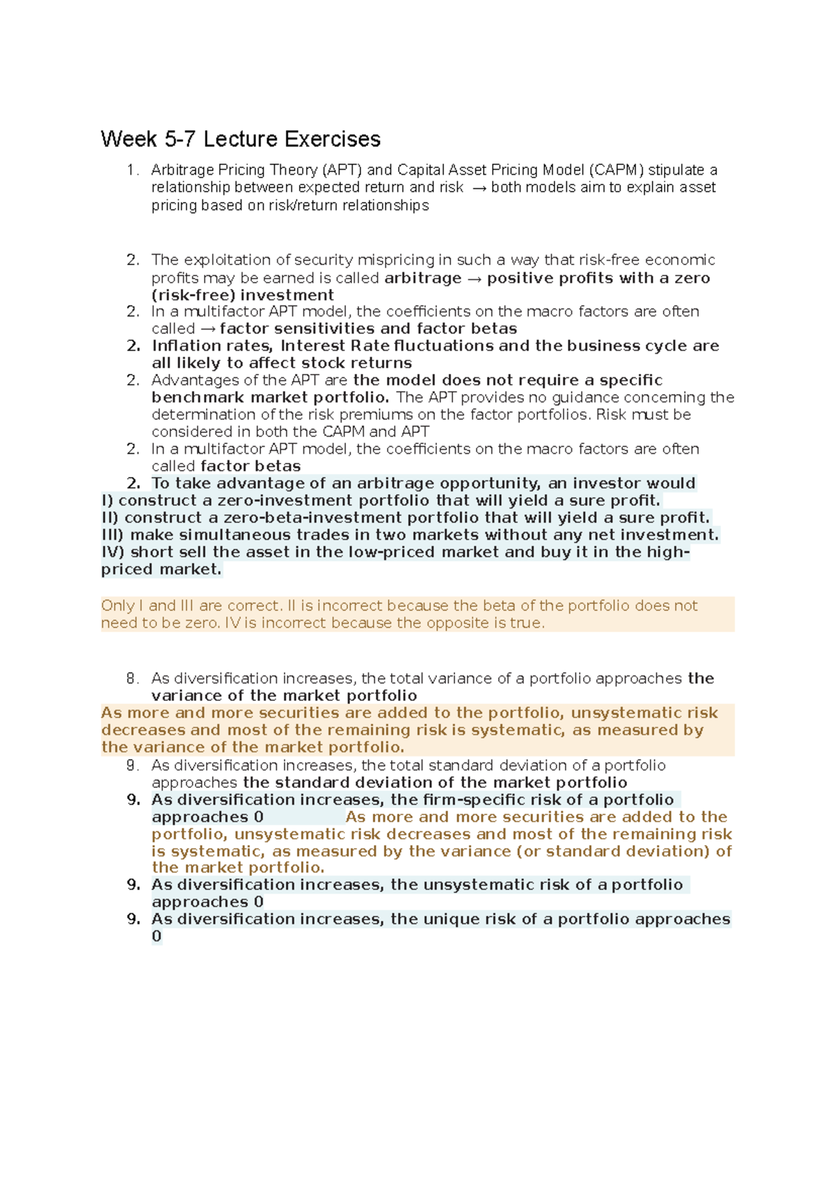 FINS2624 WK 5-7 Practice Qs - Week 5-7 Lecture Exercises Arbitrage ...