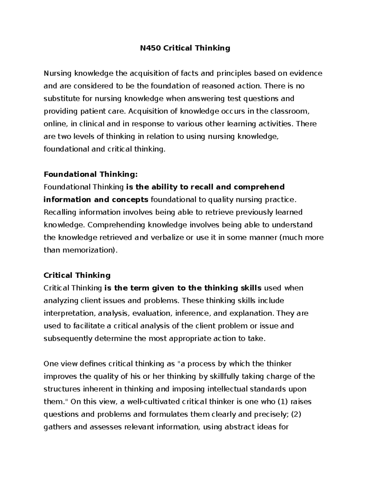 Critical thinking handout - N450 Critical Thinking Nursing knowledge ...