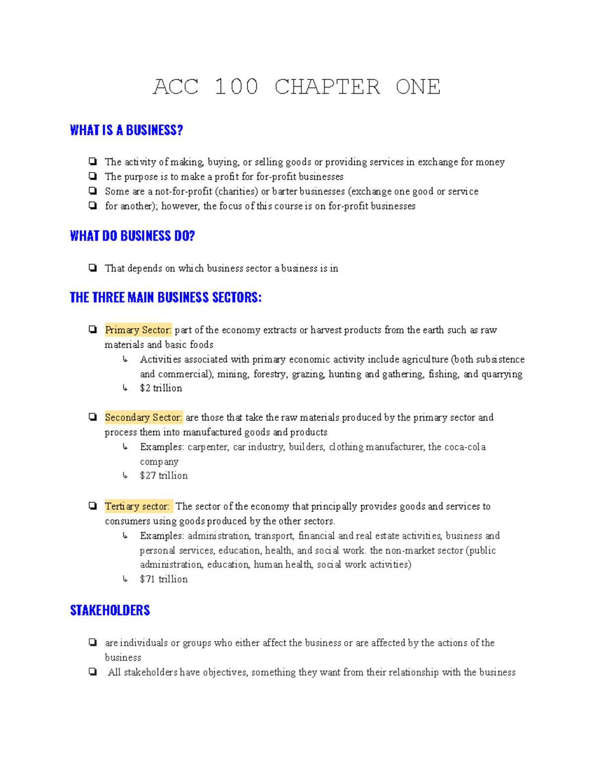 ACC100 Midterm#1 - midterm - ACC 100 CHAPTER ONE WHAT IS A BUSINESS ...