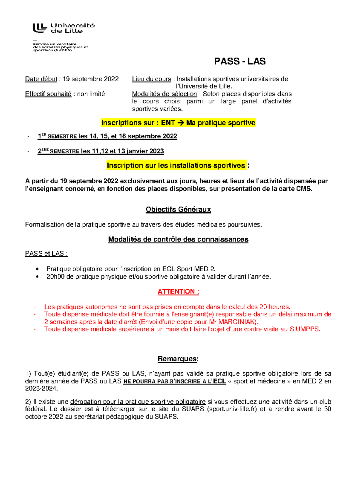 PASS et LAS1 2 et 3 - pas et las - PASS - LAS Date début : 19 septembre ...