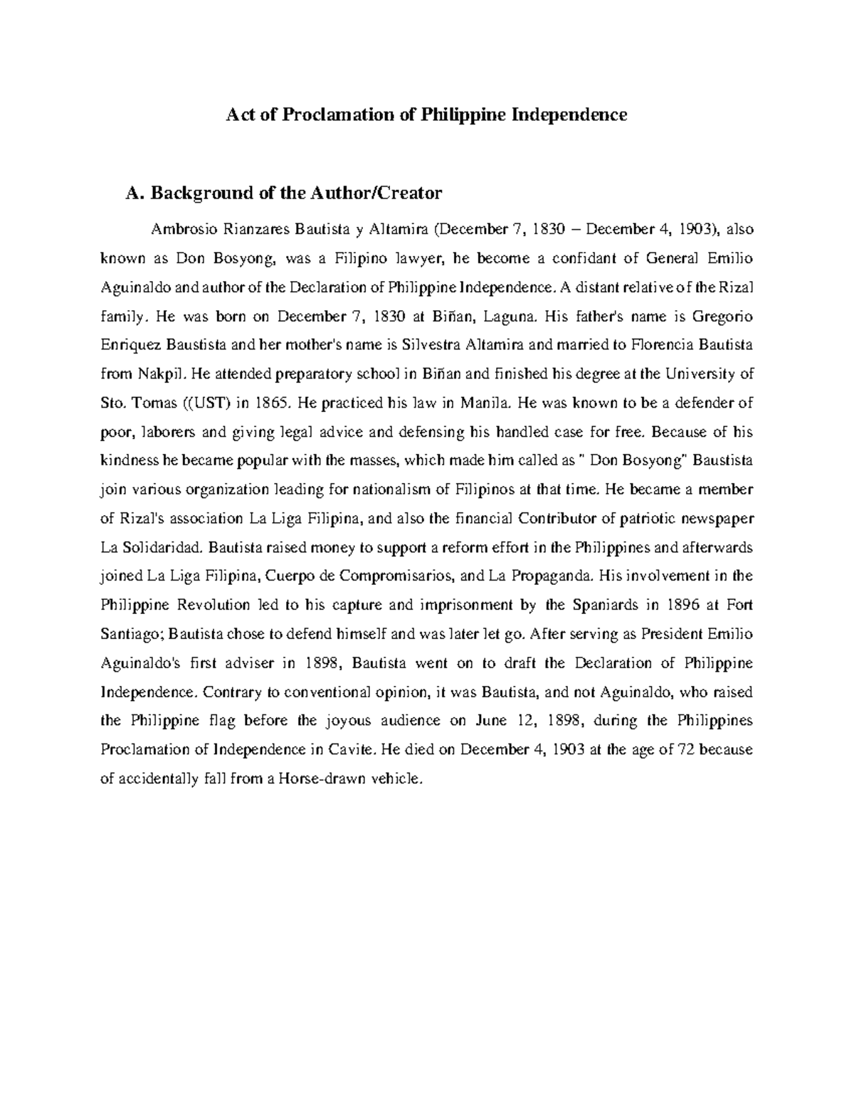 ACT OF Proclamation OF Philippine Independence - Act of Proclamation of ...