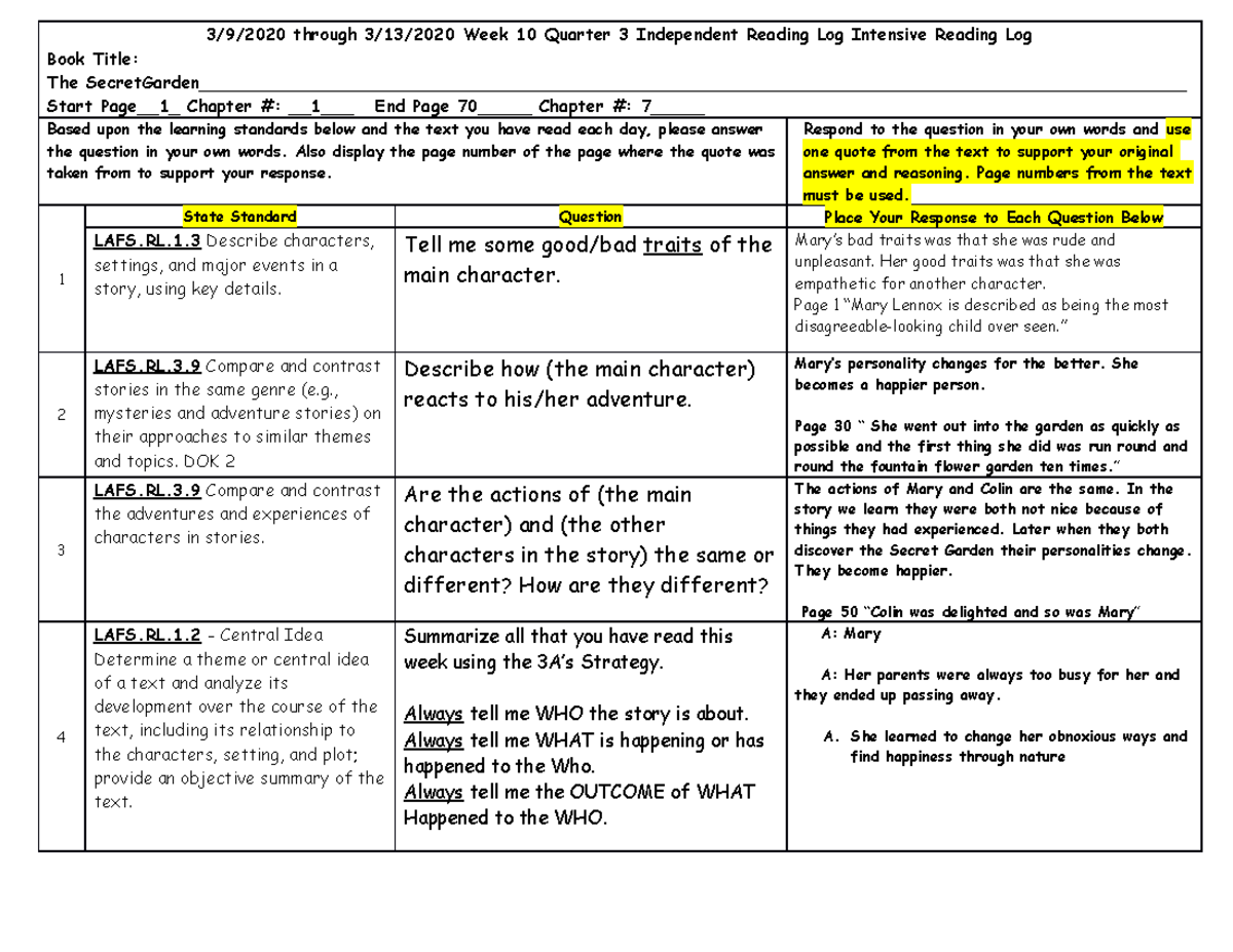 Reading log 10 - 3/9/2020 through 3/13/2020 Week 10 Quarter 3 ...