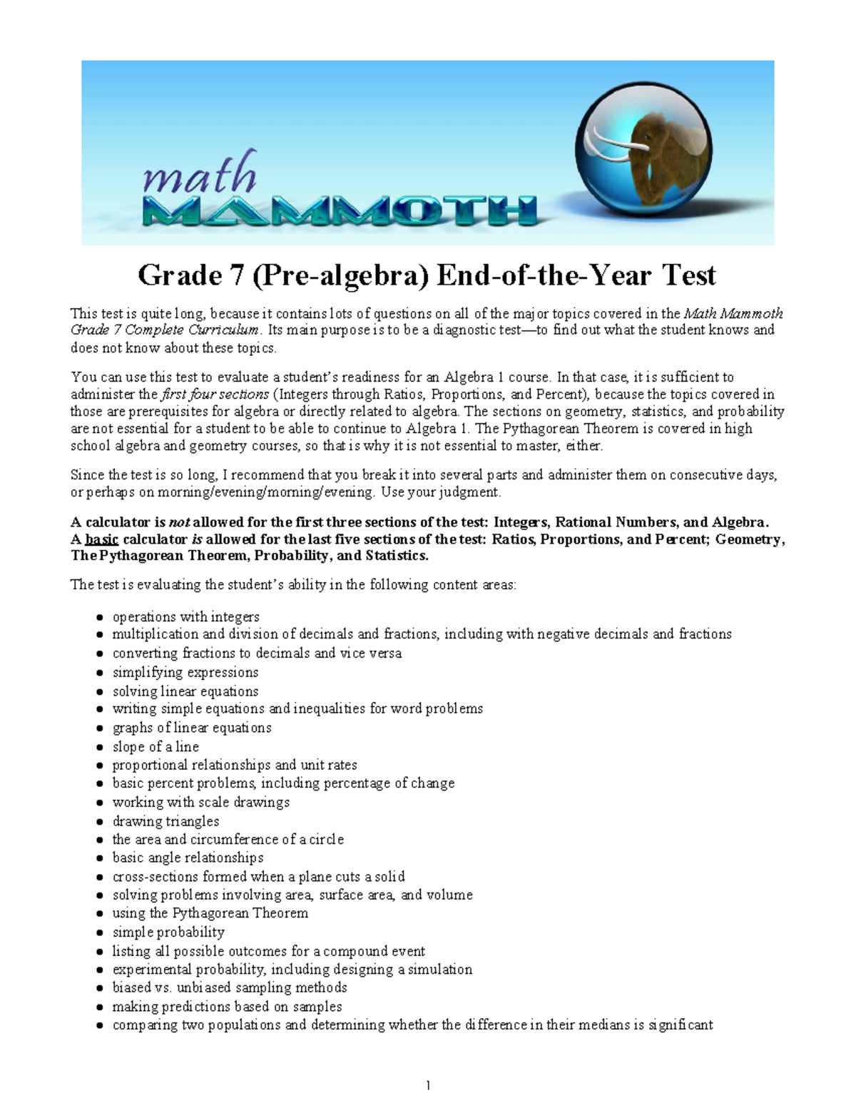 End of Year Test Grade 7 - Grade 7 (Pre-algebra) End-of-the-Year Test ...
