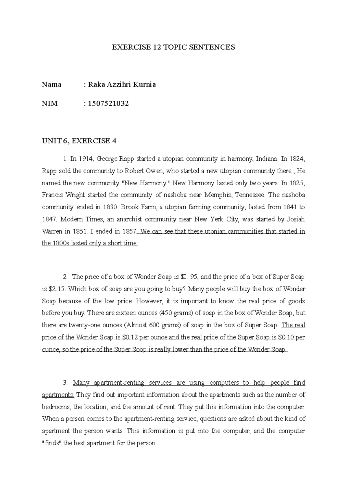 Exercise Topic Sentence - EXERCISE 12 TOPIC SENTENCES Nama : Raka ...
