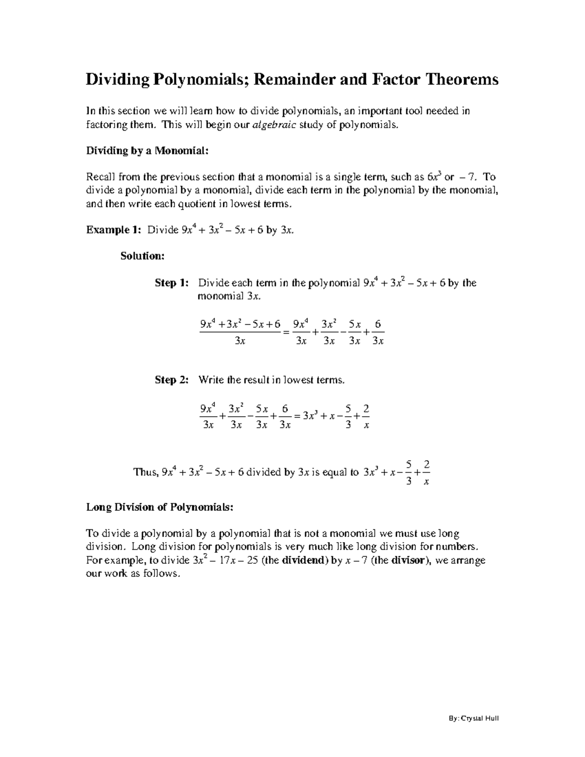Math1414-dividing-polynomials - Dividing Polynomials; Remainder and ...