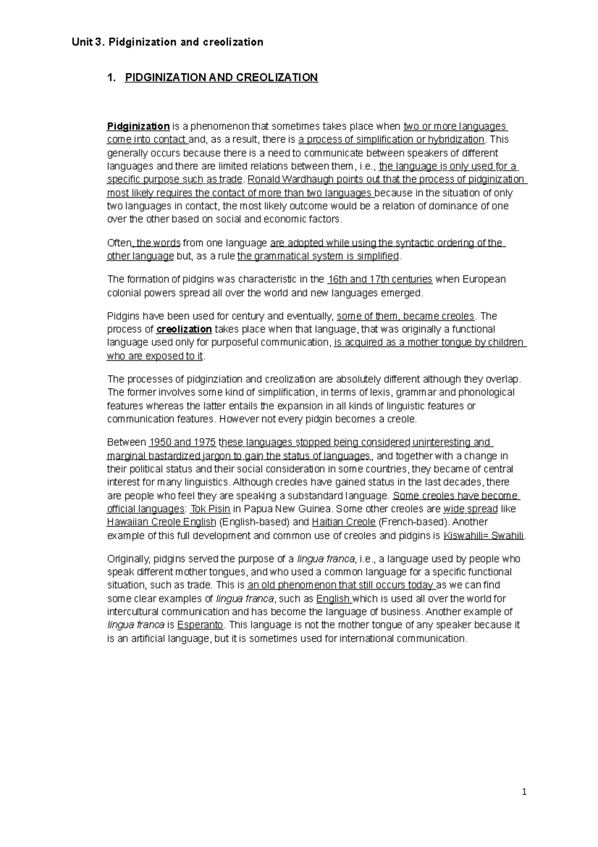 Resumen unit 3. Pidginization and creolization - 1. PIDGINIZATION AND ...