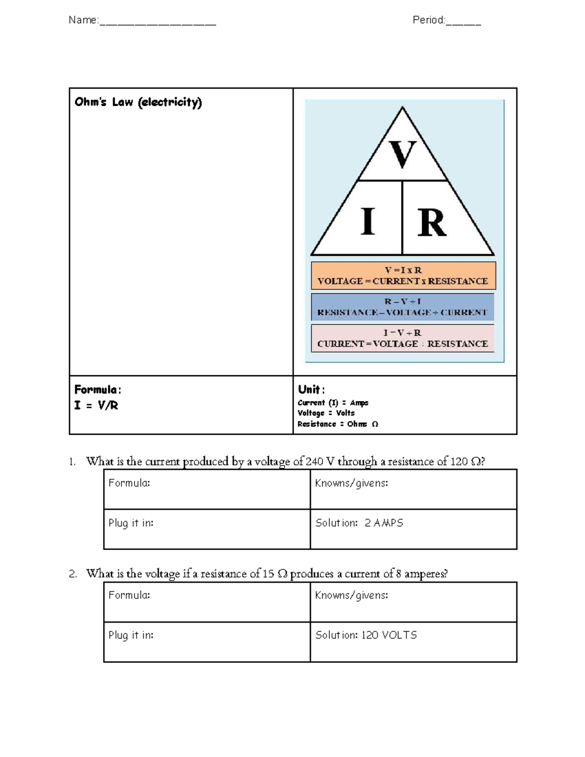 Ohm's Law Practice Problems - Name:____________________ Period ...