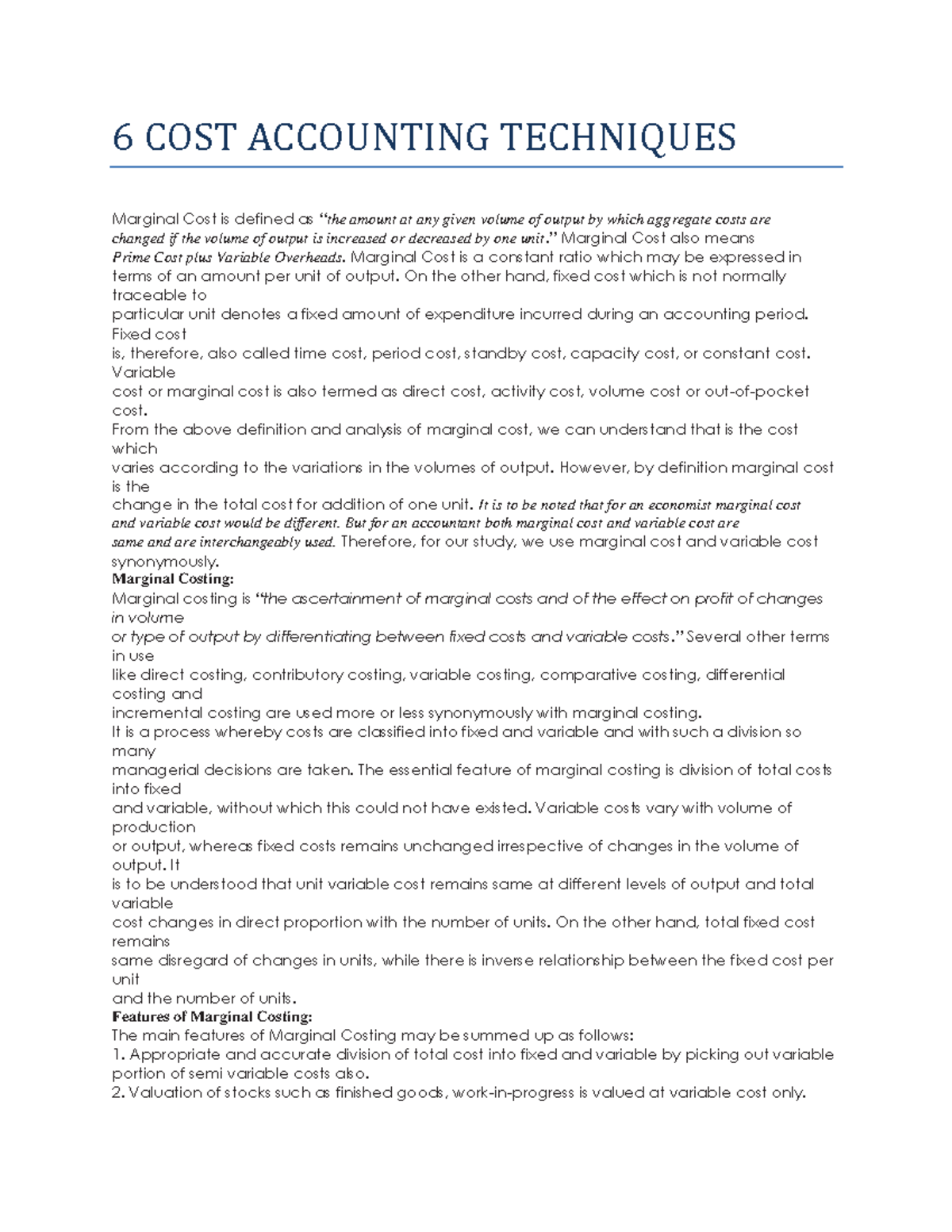 6 COST Accounting Techniques - 6 COST ACCOUNTING TECHNIQUES 6 MARGINAL ...